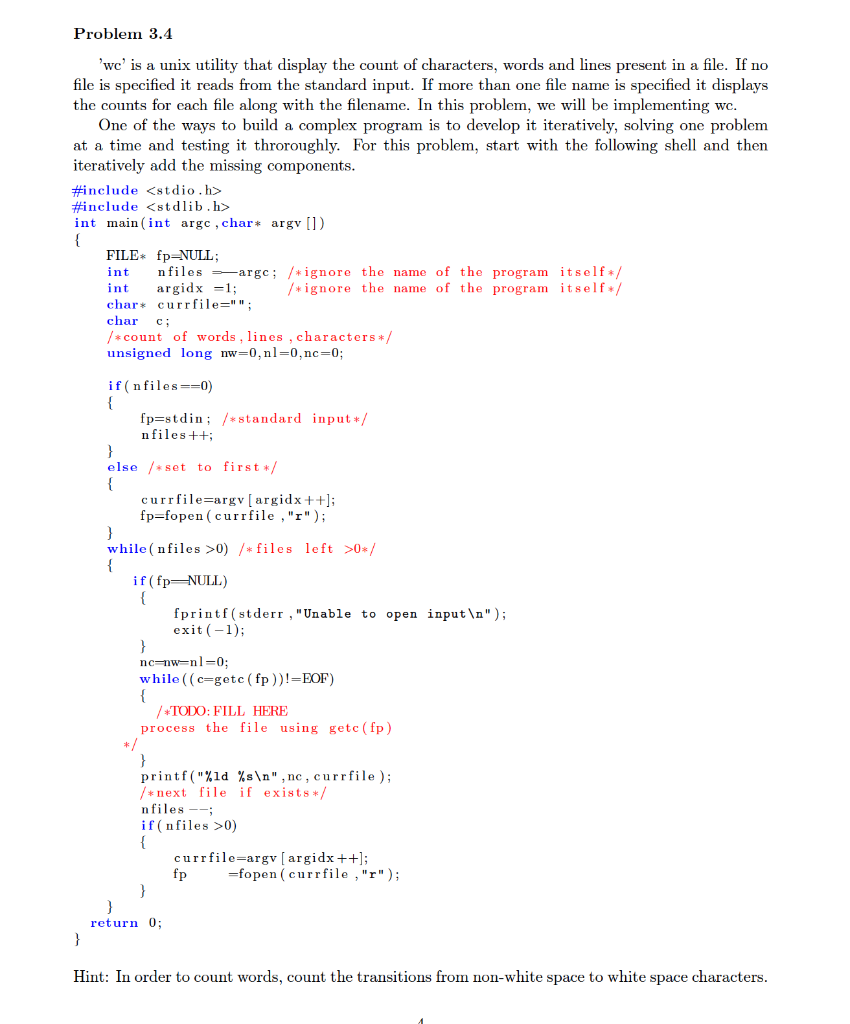 Solved Problem 3.4 'we' is a unix utility that display the | Chegg.com