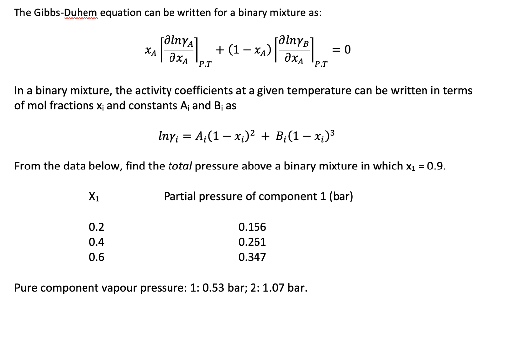 Solved The Gibbs-Duhem equation can be written for a binary | Chegg.com