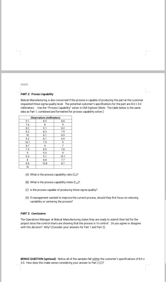 Solved Quality Control Exercise for OM Explorer PART 1: | Chegg.com