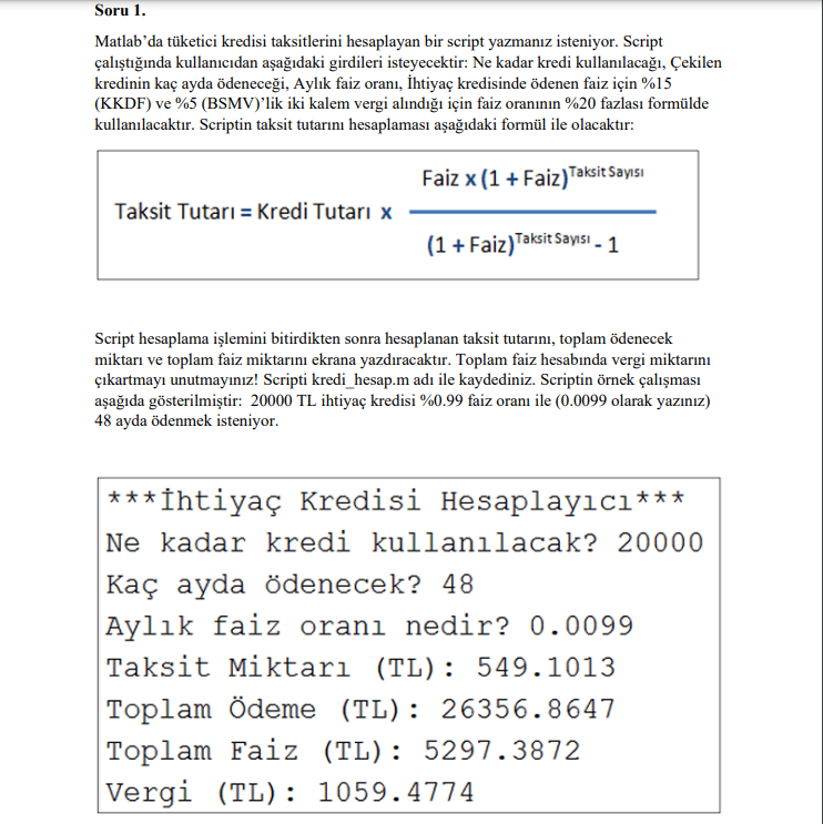 Matlab'da tüketici kredisi taksitlerini hesaplayan | Chegg.com