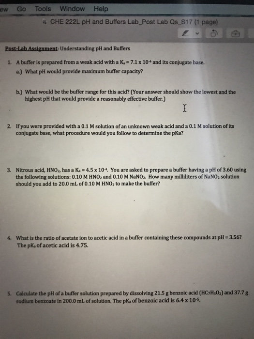 Solved Understanding pH and Buffers A buffer is prepared | Chegg.com