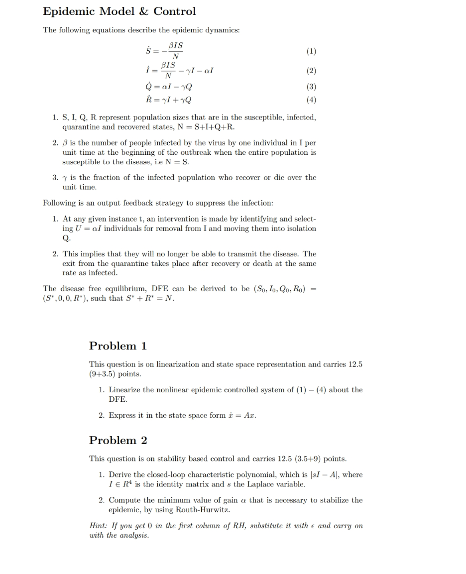 Solved Epidemic Model & Control The following equations | Chegg.com