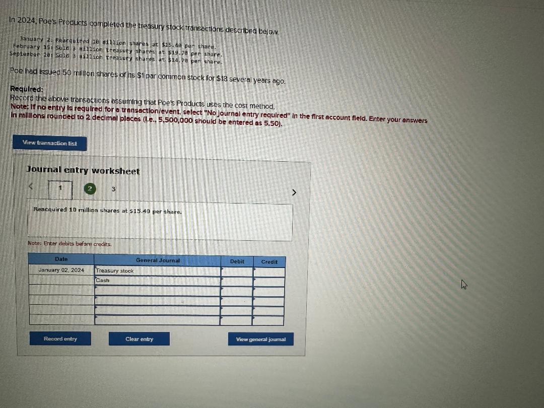Solved In 2024, ﻿Poe's Prodicts completed the rreasury stock | Chegg.com