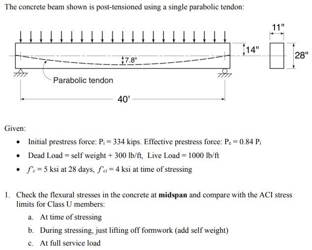 Solved The concrete beam shown is post-tensioned using a | Chegg.com