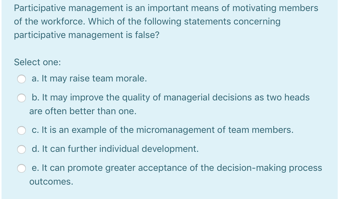 Solved Participative management is an important means of | Chegg.com