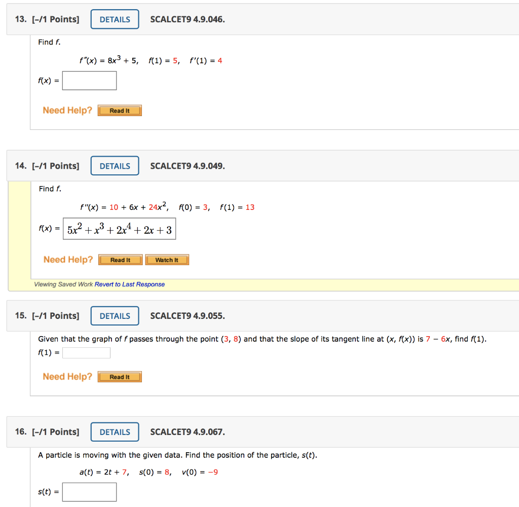 Solved 13. [-/1 Points] DETAILS SCALCET9 4.9.046. Find f. | Chegg.com