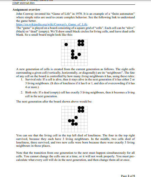 ASSIGNMENT 2.Corway's Game of Life COMP1020 al 2021 | Chegg.com
