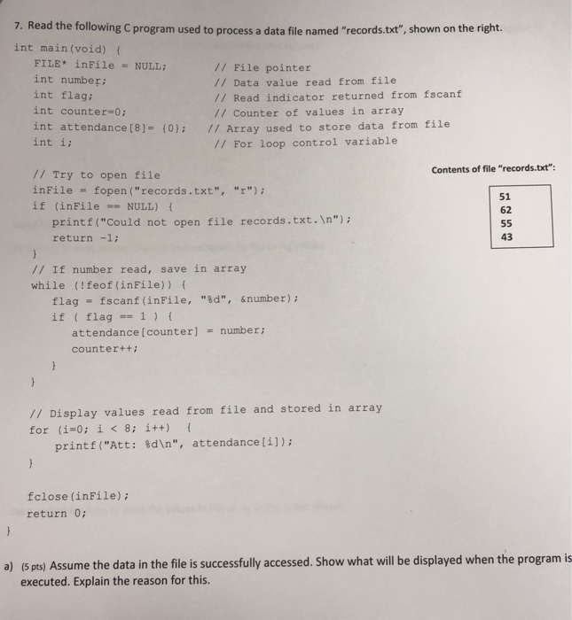 7. Read the folowing C program used to process a data | Chegg.com