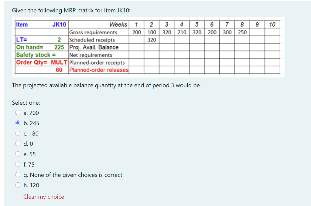 Solved Given the following MRP matrix for Item JK10: 8 9 10 | Chegg.com
