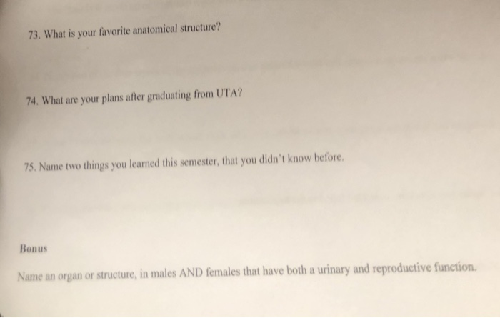 Solved 73. What is your favorite anatomical structure? 74. | Chegg.com