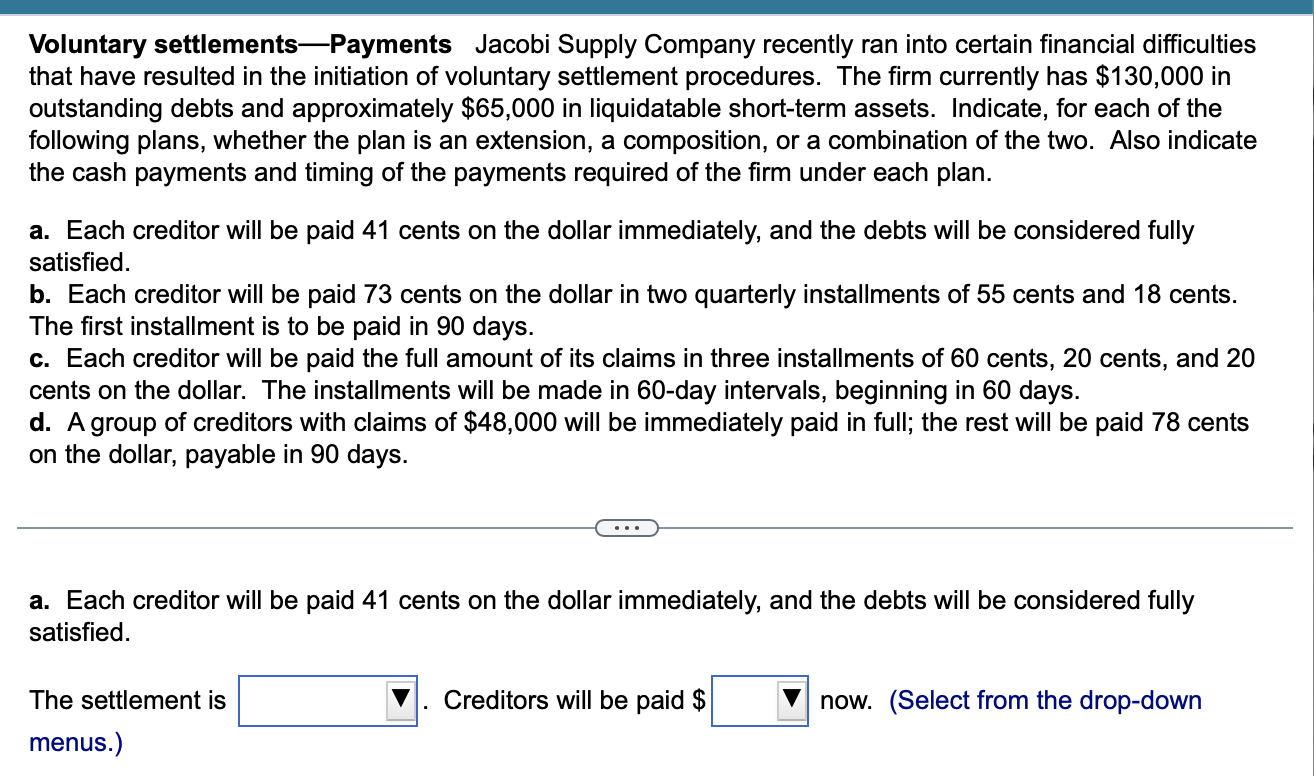 Solved Voluntary settlements-Payments Jacobi Supply Company | Chegg.com