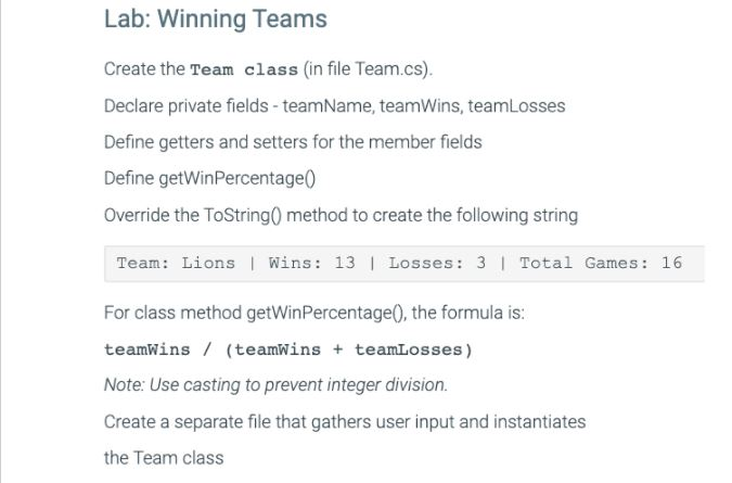 Solved Lab: Winning Teams Create the Team class in file | Chegg.com