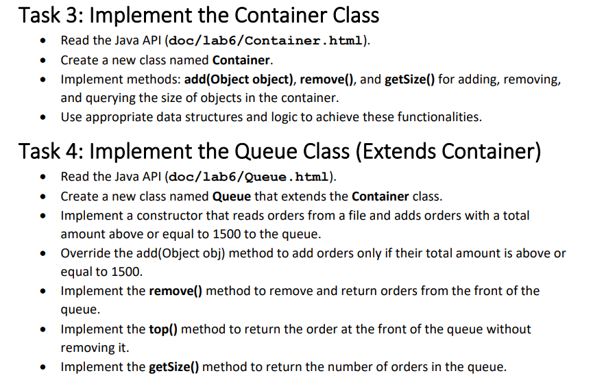 Solved Task 1: Implement the Order Class - Read the Java API | Chegg.com
