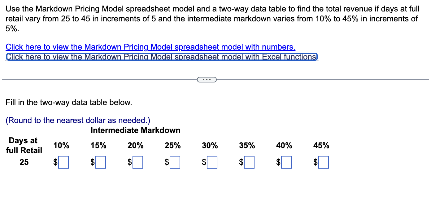 Markdown Pricing ModelUse the Markdown Pricing Model | Chegg.com