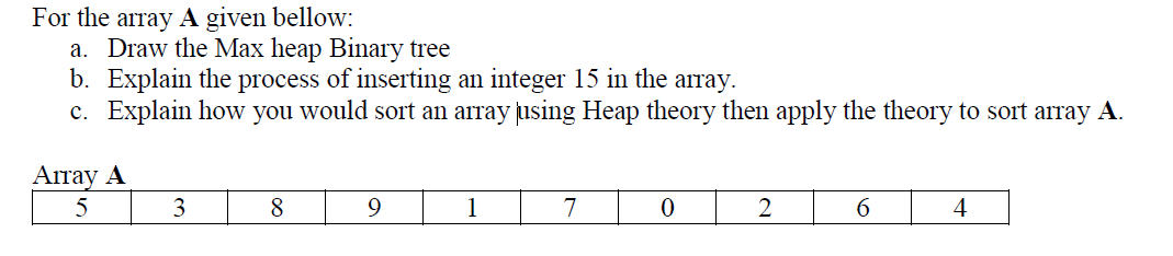 Solved For the array A given bellow: a. Draw the Max heap | Chegg.com