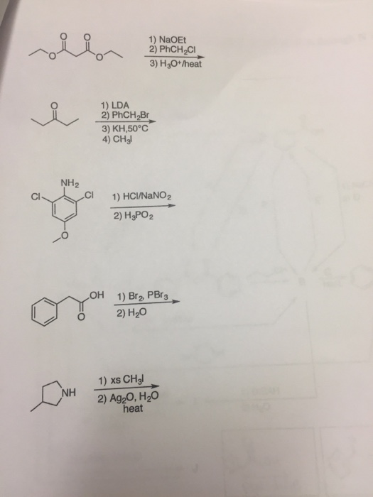 Solved 1) NaOEt 2) PhCH2CI 3) H30 heat 1) LDA 2) PhCH2Br 3) | Chegg.com