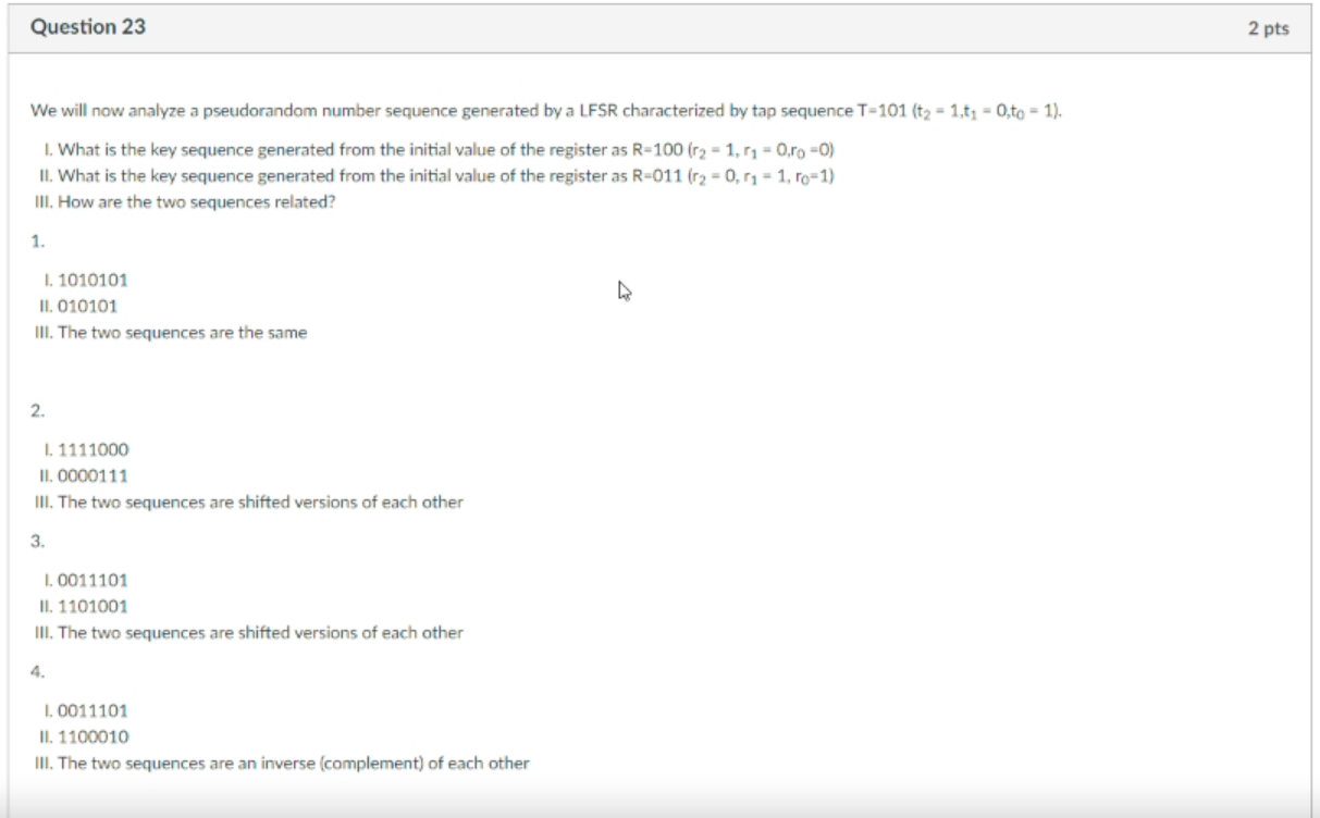 Solved Question 23 2 pts We will now analyze a pseudorandom | Chegg.com