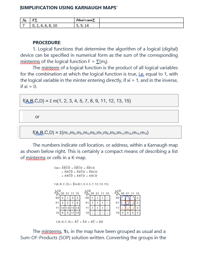 ISIMPLIFICATION USING KARNAUGH MAPS' PROCEDURE: 1. | Chegg.com
