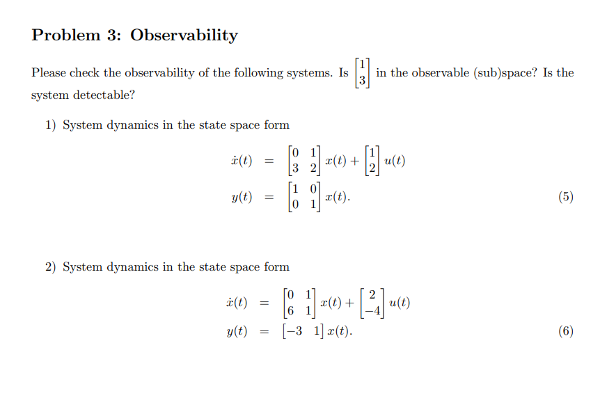 Solved Please check the observability of the following | Chegg.com
