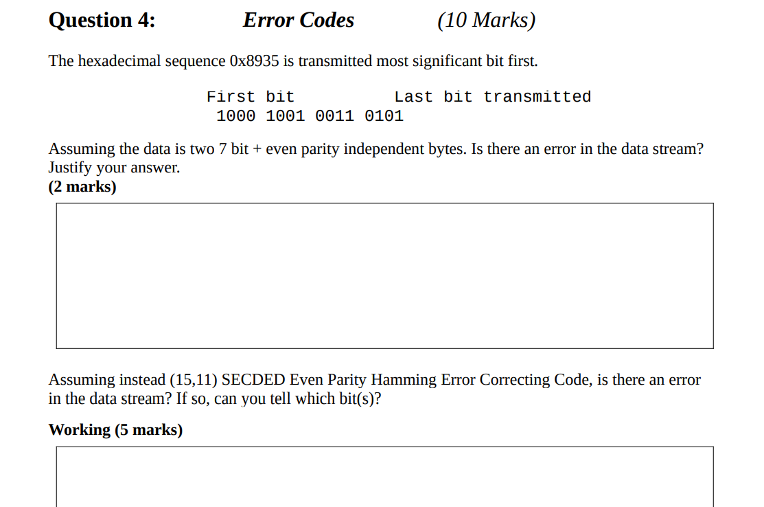 Solved Question 4 Error Codes 10 Marks The Hexadecimal 