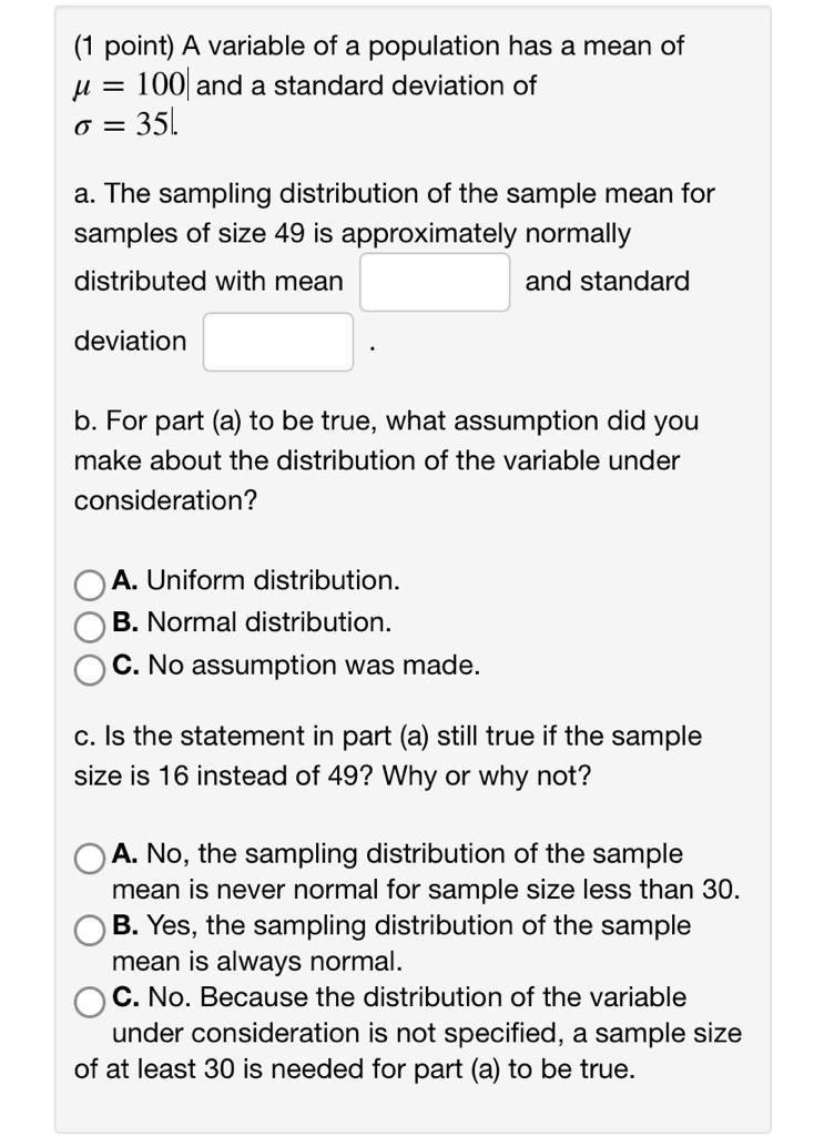 Solved (1 point) A variable of a population has a mean of μ | Chegg.com