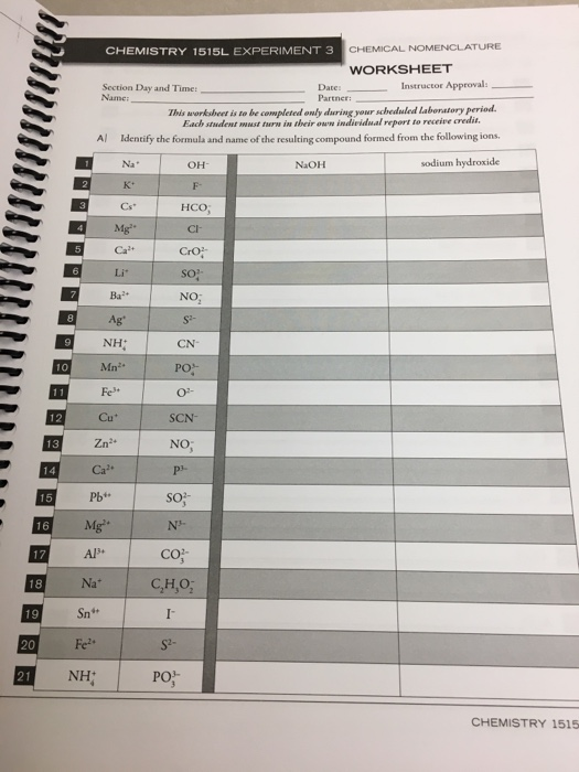 Solved CHEMISTRY 1515L EXPERIMENT 3 CHEMICAL NOMENCLATURE | Chegg.com