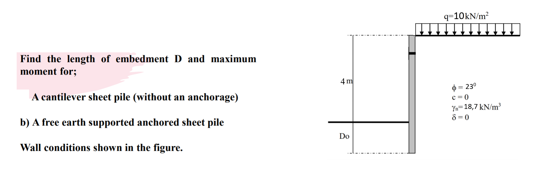 Solved q=10kN/m2 Find the length of embedment D and maximum | Chegg.com