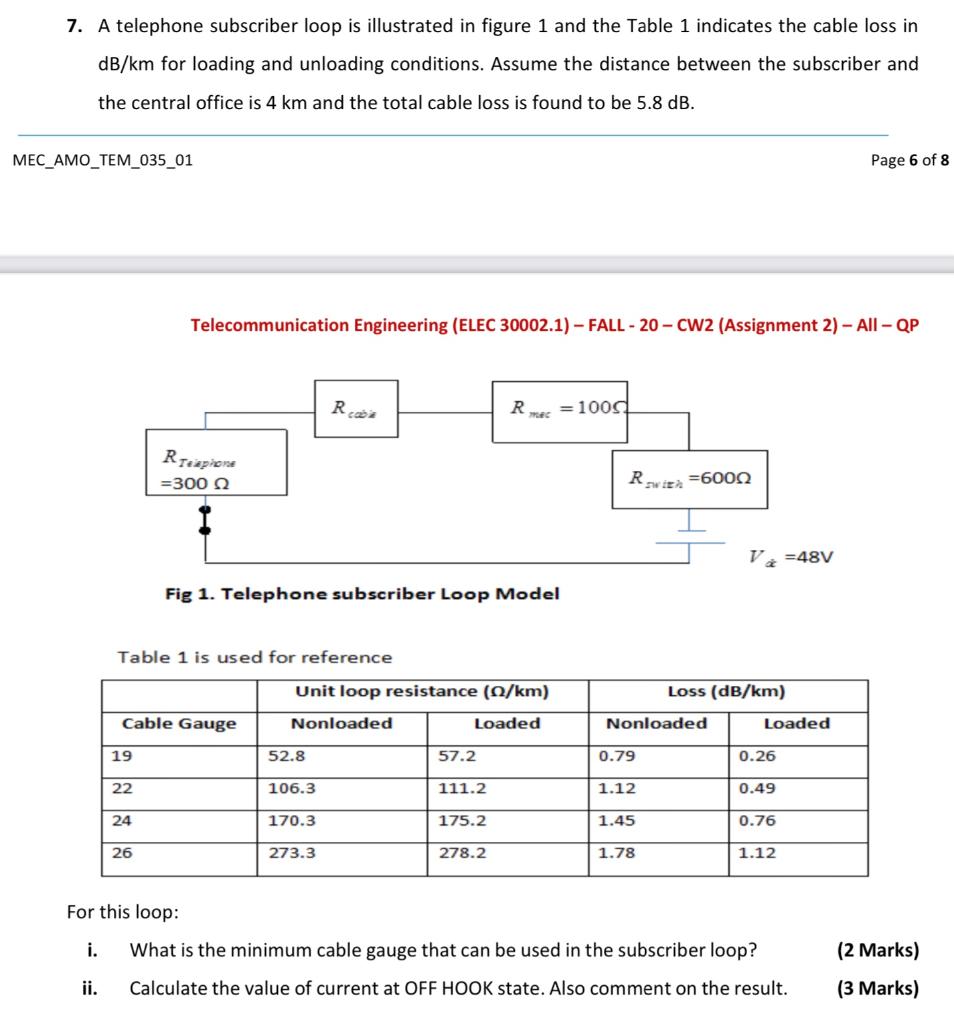 7. A telephone subscriber loop is illustrated in | Chegg.com