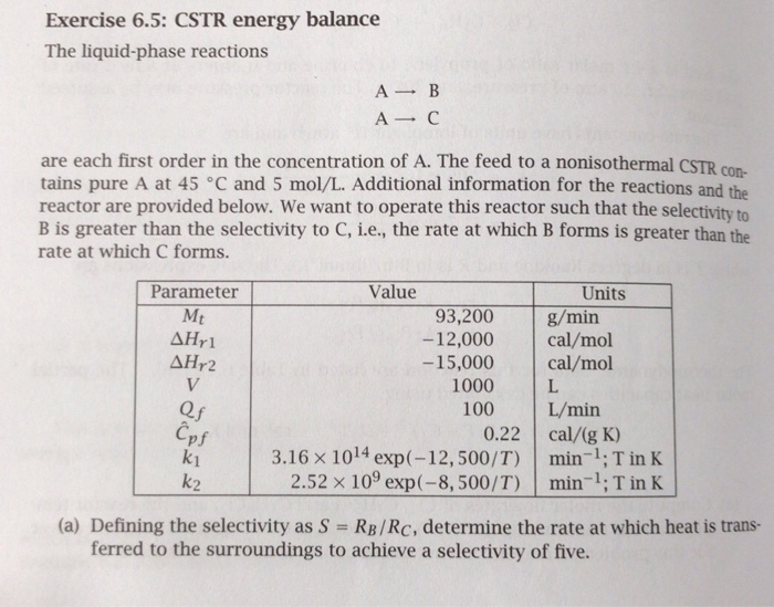 Solved Exercise 6.5: CSTR energy balance The liquid-phase | Chegg.com