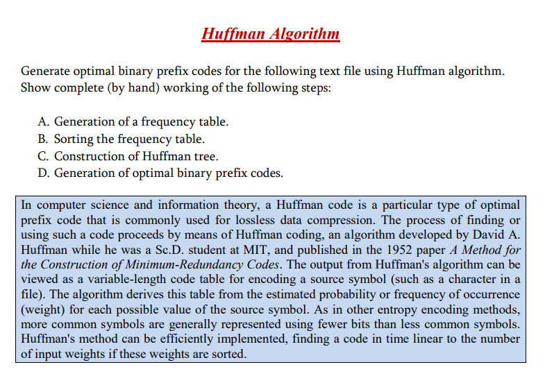 Huffman Algorithm Generate optimal binary prefix | Chegg.com