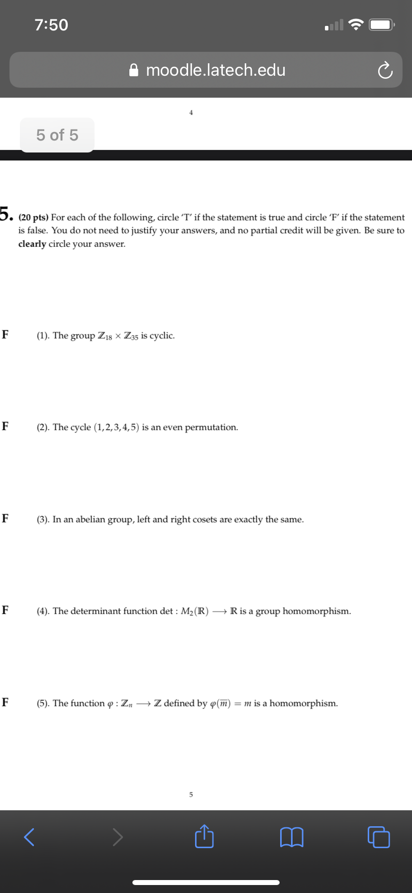 Solved 7:50 moodle.latech.edu 5 of 5 5. (20 pts) For each of | Chegg.com