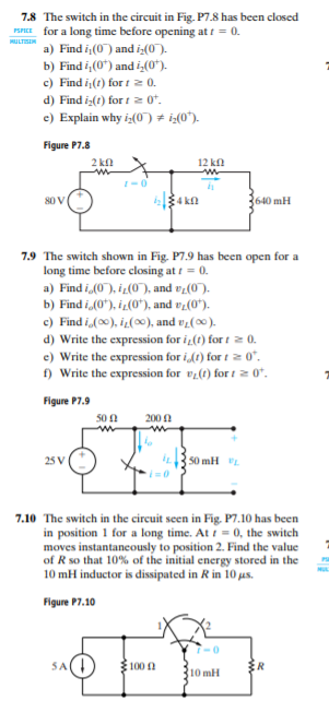 Solved 7.8 The switch in the circuit in Fig. P7.8 has been | Chegg.com