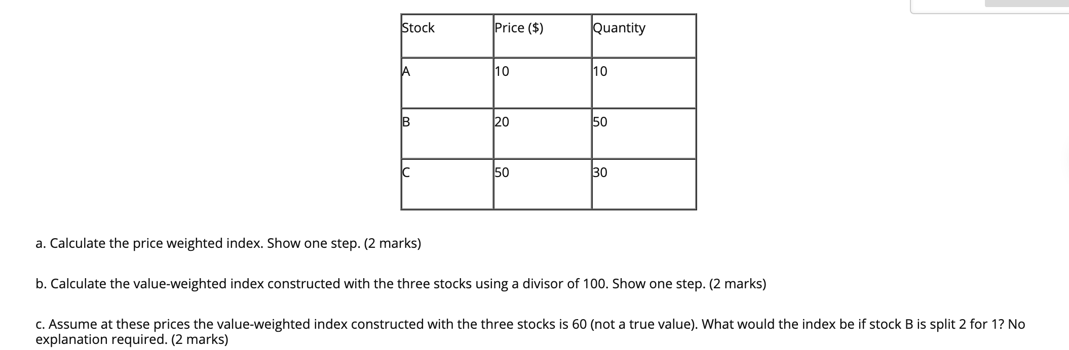 Solved Stock Price ($) Quantity A 10 10 B 20 50 50 30 a. | Chegg.com