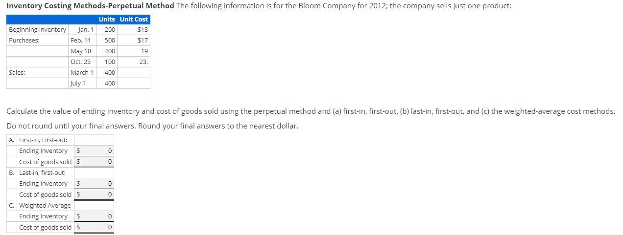 Solved Inventory Costing Methods-Perpetual Method The | Chegg.com
