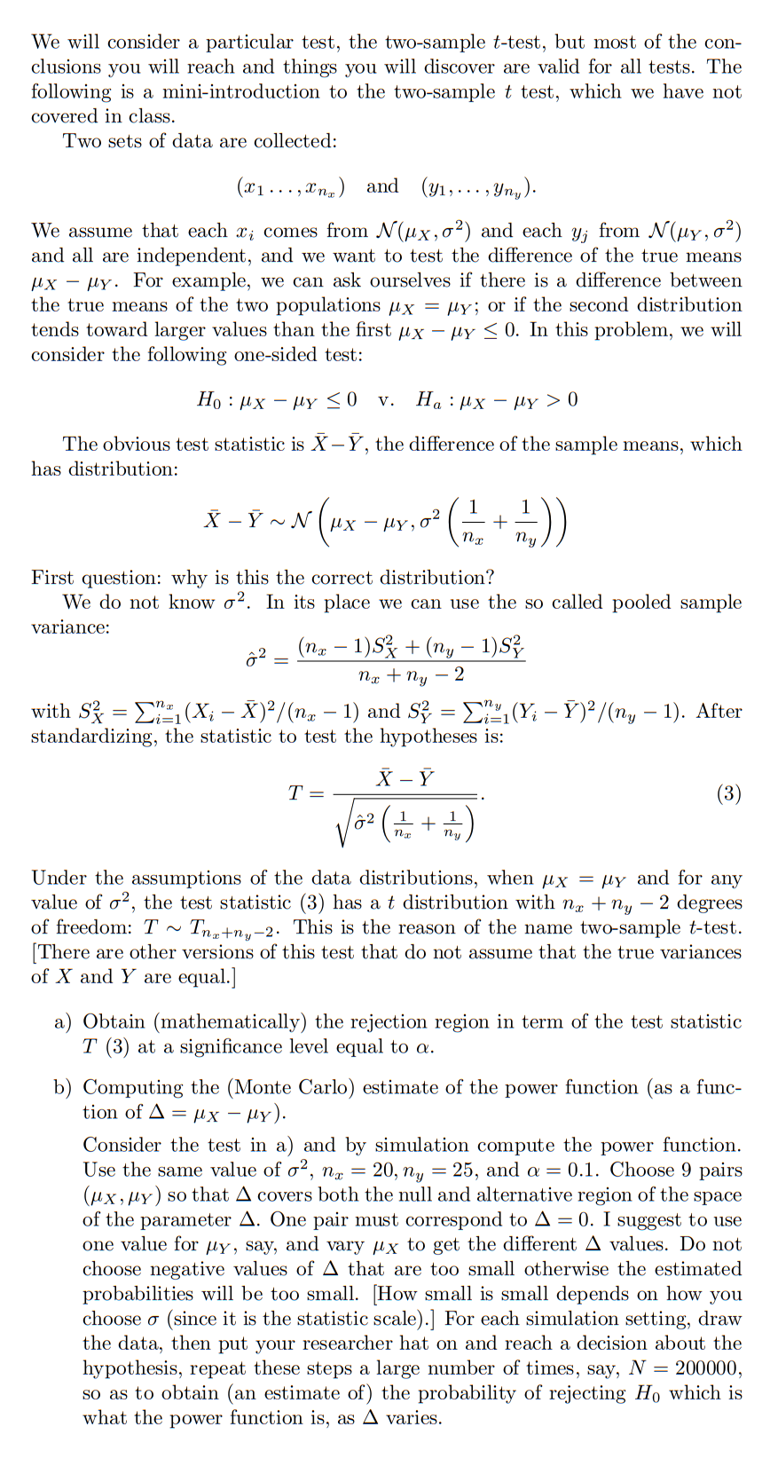 Solved We will consider a particular test, the two-sample | Chegg.com