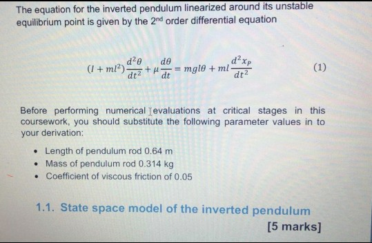 The equation for the inverted pendulum linearized | Chegg.com