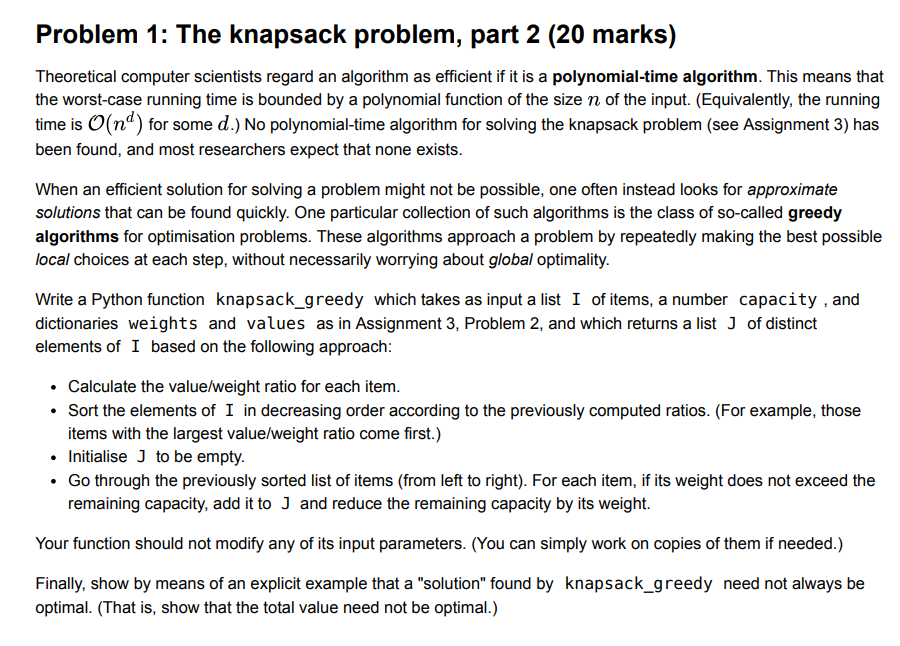 Solved Problem 1: The knapsack problem, part 2 (20 marks) | Chegg.com
