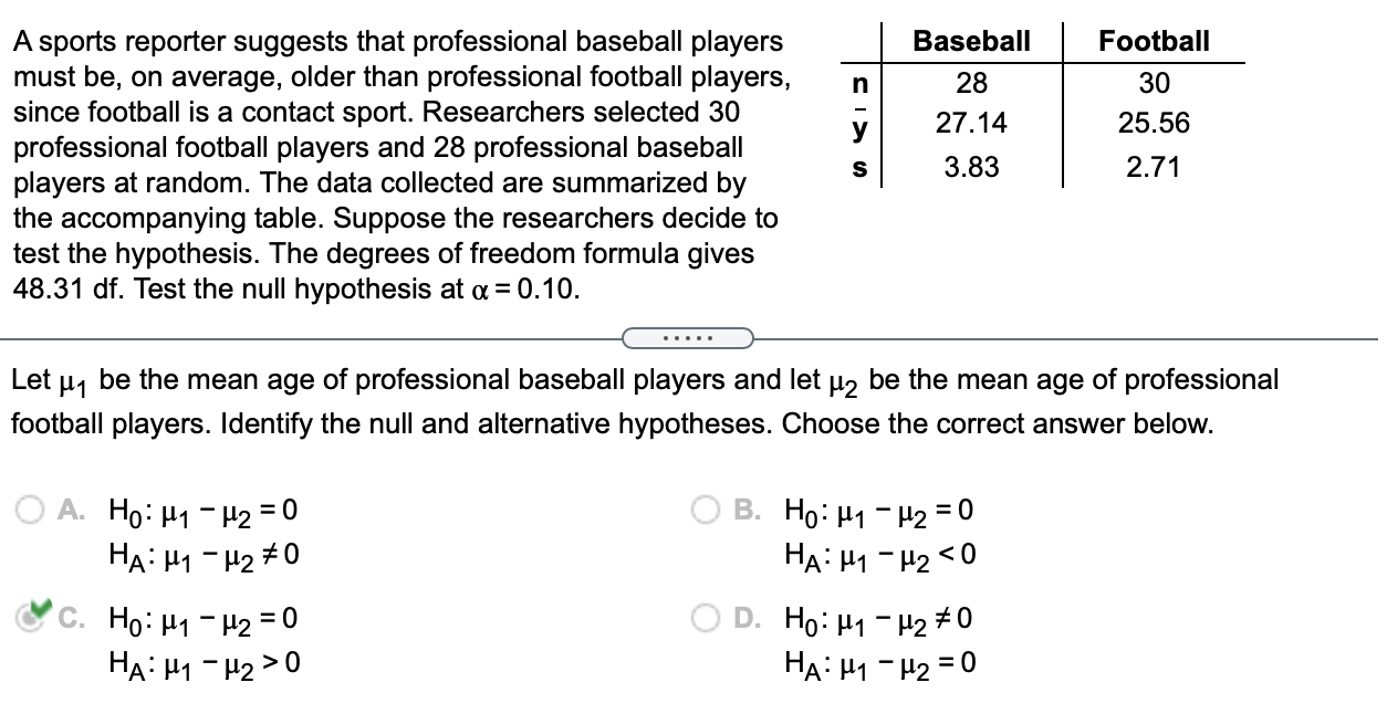 Solved Baseball n 28 27.14 A sports reporter suggests that | Chegg.com