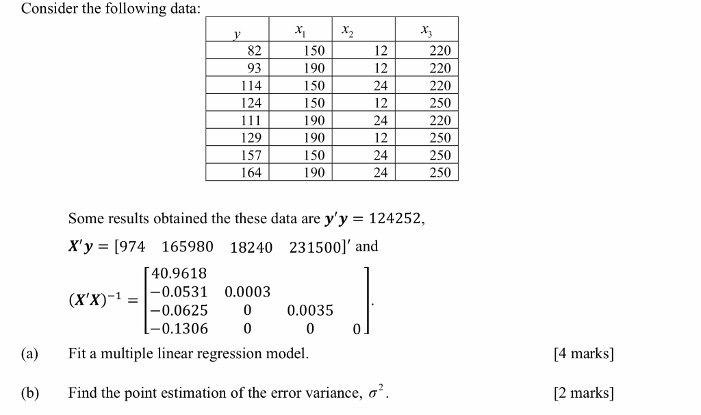 Solved Consider the following data: X2 V 82 93 114 124 111 x | Chegg.com