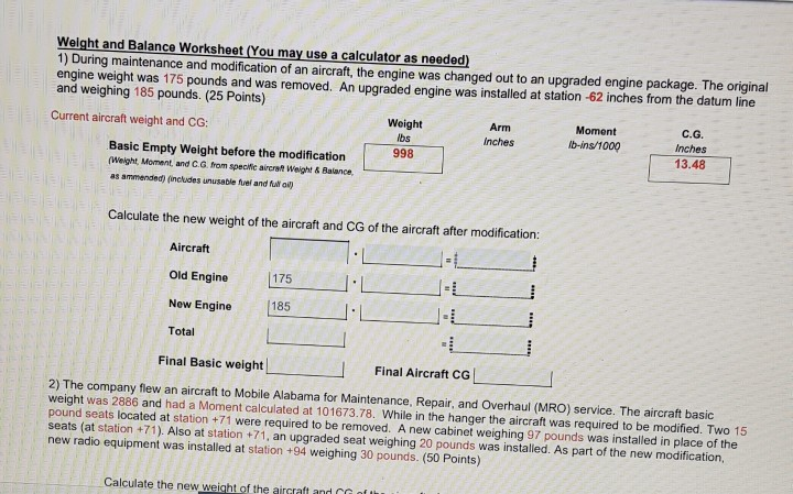 Weight and Balance Worksheet (You may use a | Chegg.com