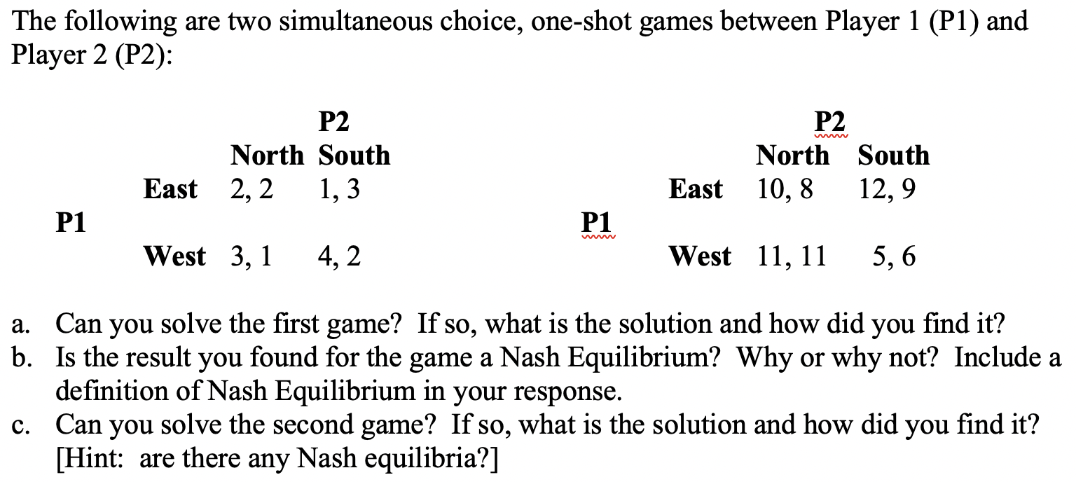 Solved The following are two simultaneous choice, one-shot | Chegg.com