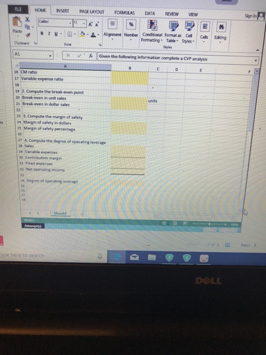 Solved CVP Analysis using Excel's Basic Math Functions JPL. | Chegg.com