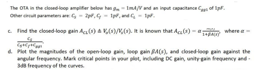 The OTA in the closed-loop amplifier below has 9m = | Chegg.com