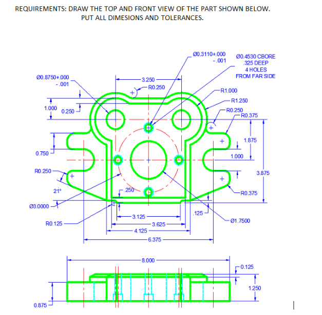 Solved REQUIREMENTS: DRAW THE TOP AND FRONT VIEW OF THE PART | Chegg.com