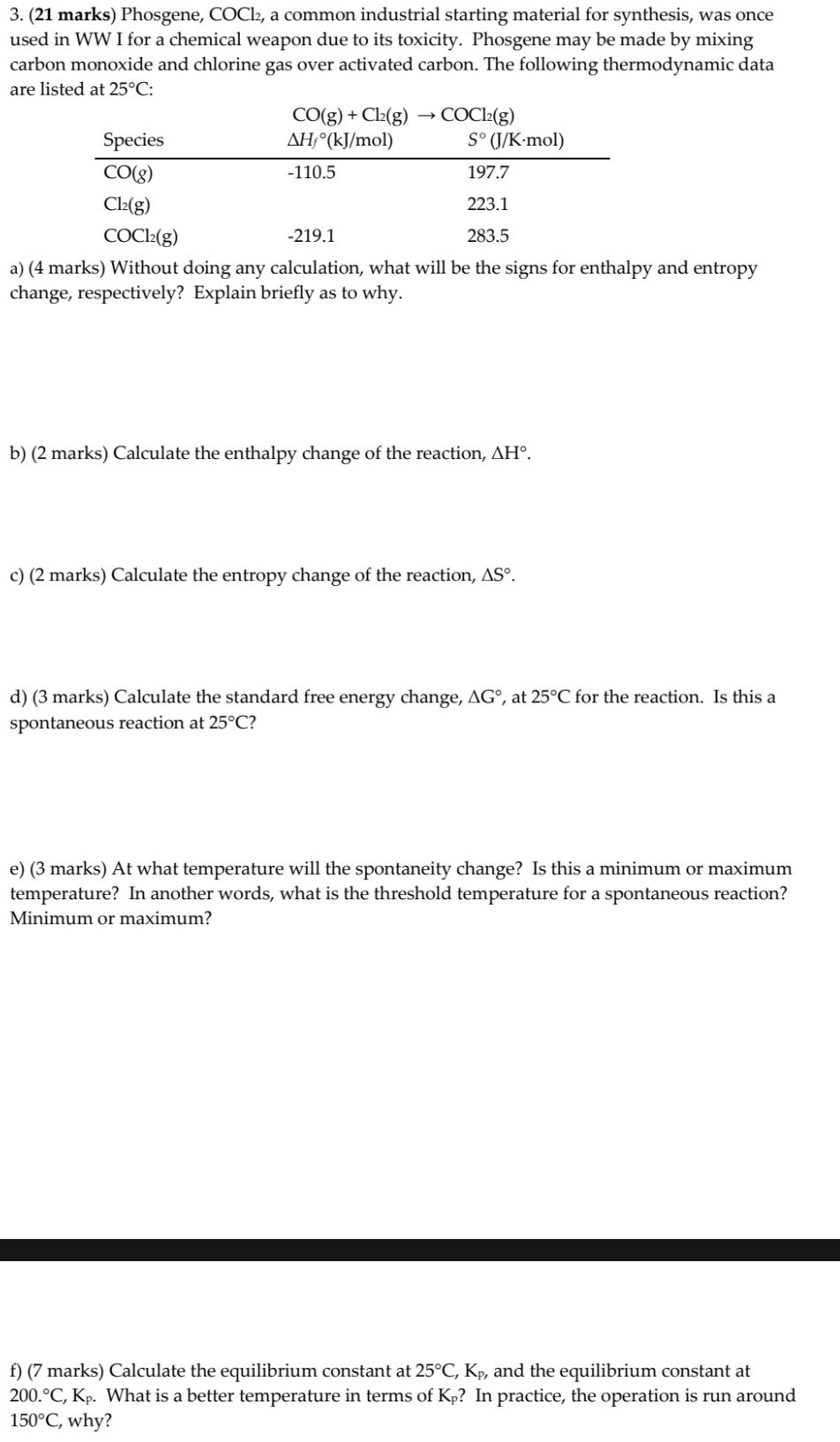 Solved 3. (21 marks) Phosgene, COCl2, a common industrial | Chegg.com