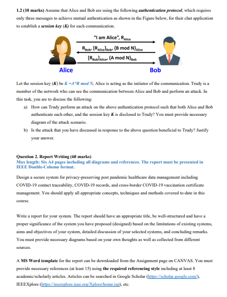 Solved Question 1. Authentication Protocol (30 marks) Max | Chegg.com