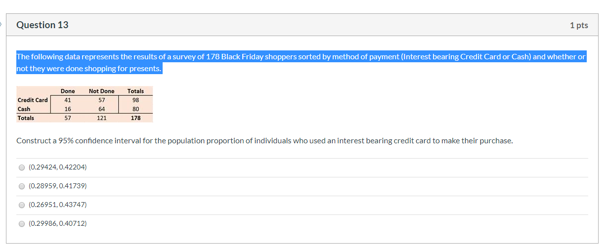 Solved Question 13 1 pts The following data represents the | Chegg.com