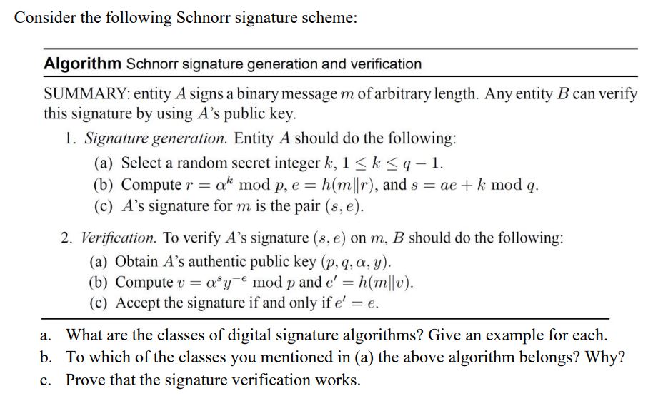 Solved Consider the following Schnorr signature | Chegg.com