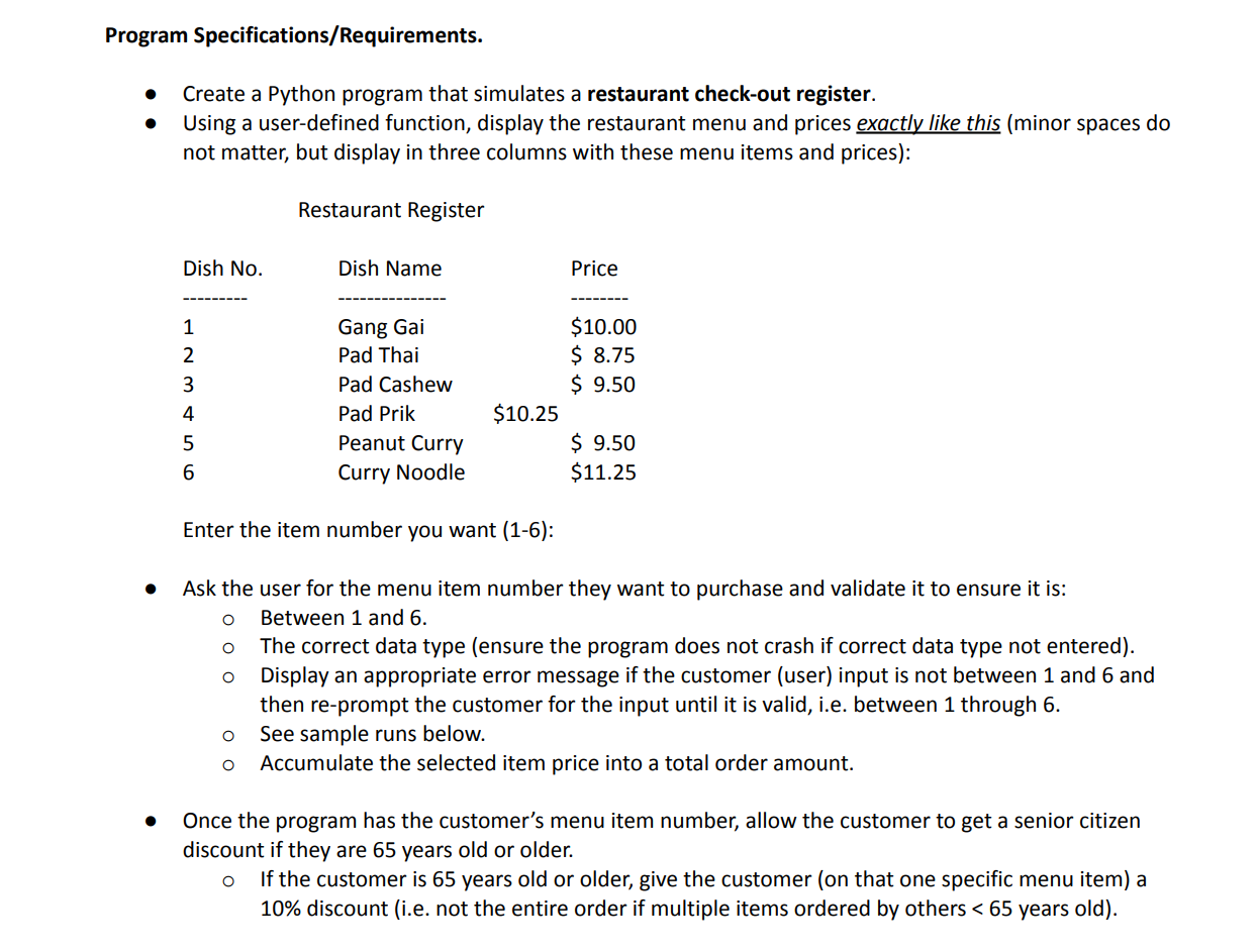 Solved Program Specifications/Requirements. . Create a | Chegg.com