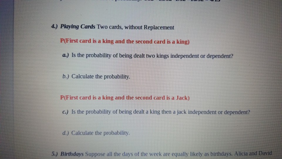 Solved 4) Playing Cards Two cards, without Replacement | Chegg.com